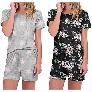 Ekouaer 2 Pack Pajamas Short Sleeve Top with Shorts Sets Comfy Pjs Lounge Sets Sleepwear for Women Pink Star/Black Floral Large