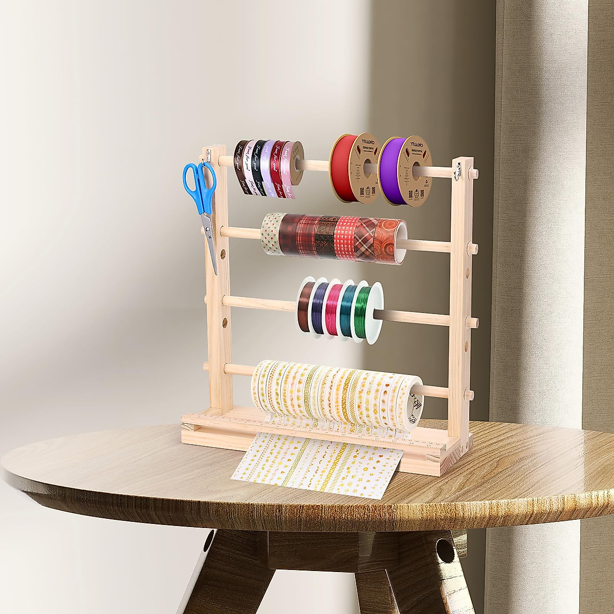 Ribbon Storage Organizer Rack 4 Tier Adjustable Wooden Ribbon Holder Spool Holder Organizer Rack Spool for Sewing Craft Mesh Thread Tape Wreath Crochet Roll Washi Tape Craft Gift Florist Wrapping