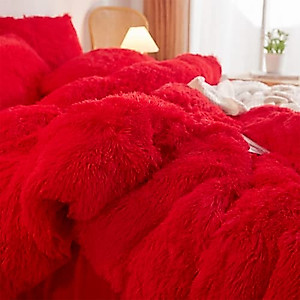 HAIHUA Fluffy red Comforter Cover Set Queen，Faux Fur red Bedding 3 Pieces(1 Plush Queen Duvet Cover +2 Faux Fur Pillowcases) Faux Fur red Bed Set (red, Queen)