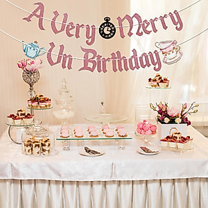 A Very Merry UnBirthday Banner, Wonderland Birthday Party Decorations for Girl, Funny Birthday Party Decor Rose Gold Glitter