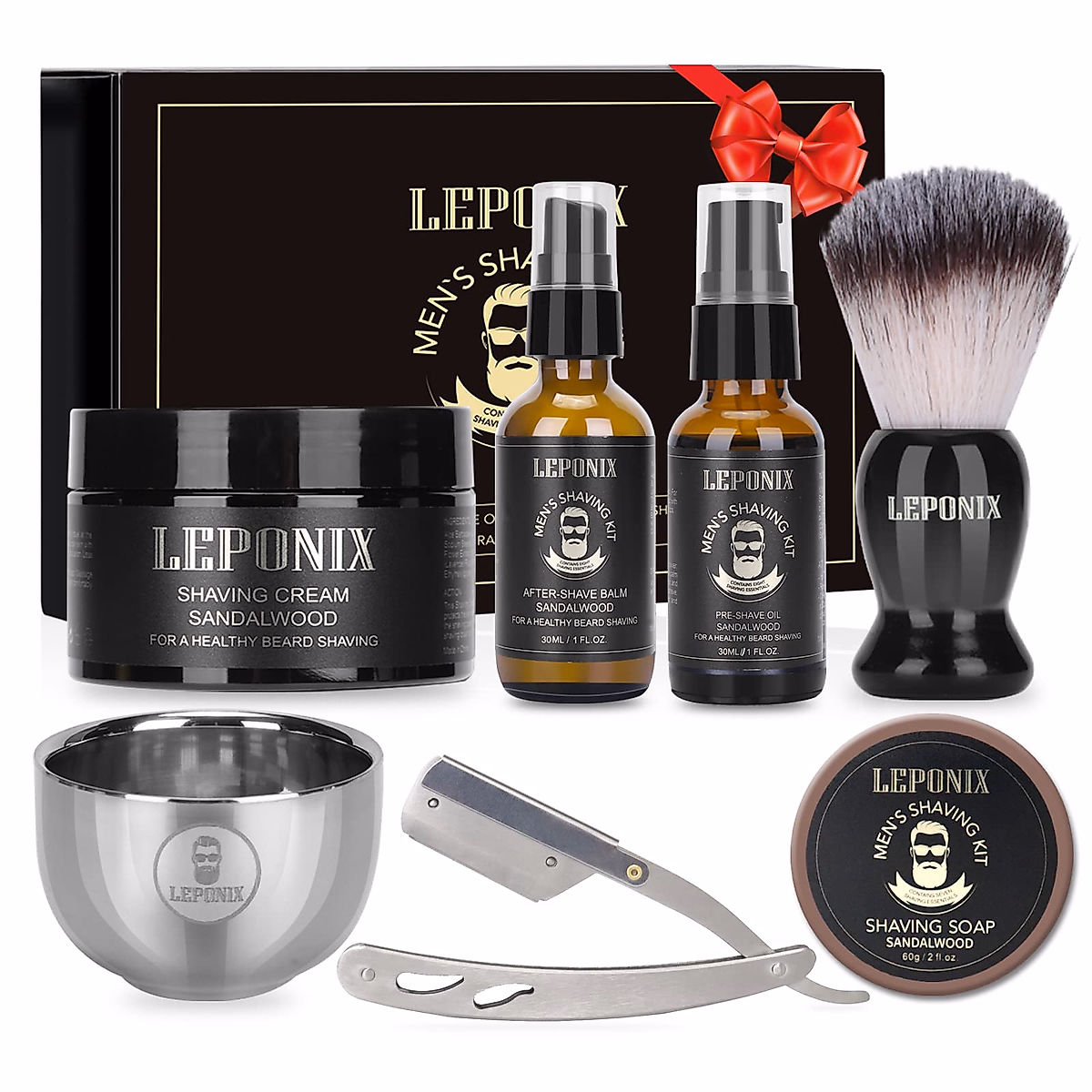 Shaving Kit for Men-Includes Straight Edge Razor Kit, Sandalwood Shaving Soap, Shaving Cream, Mens After Shave Balm, Pre-Shave Oil,Shaving Brush and Bowl, Gift Set Stocking Stuffers (Sandalwood)