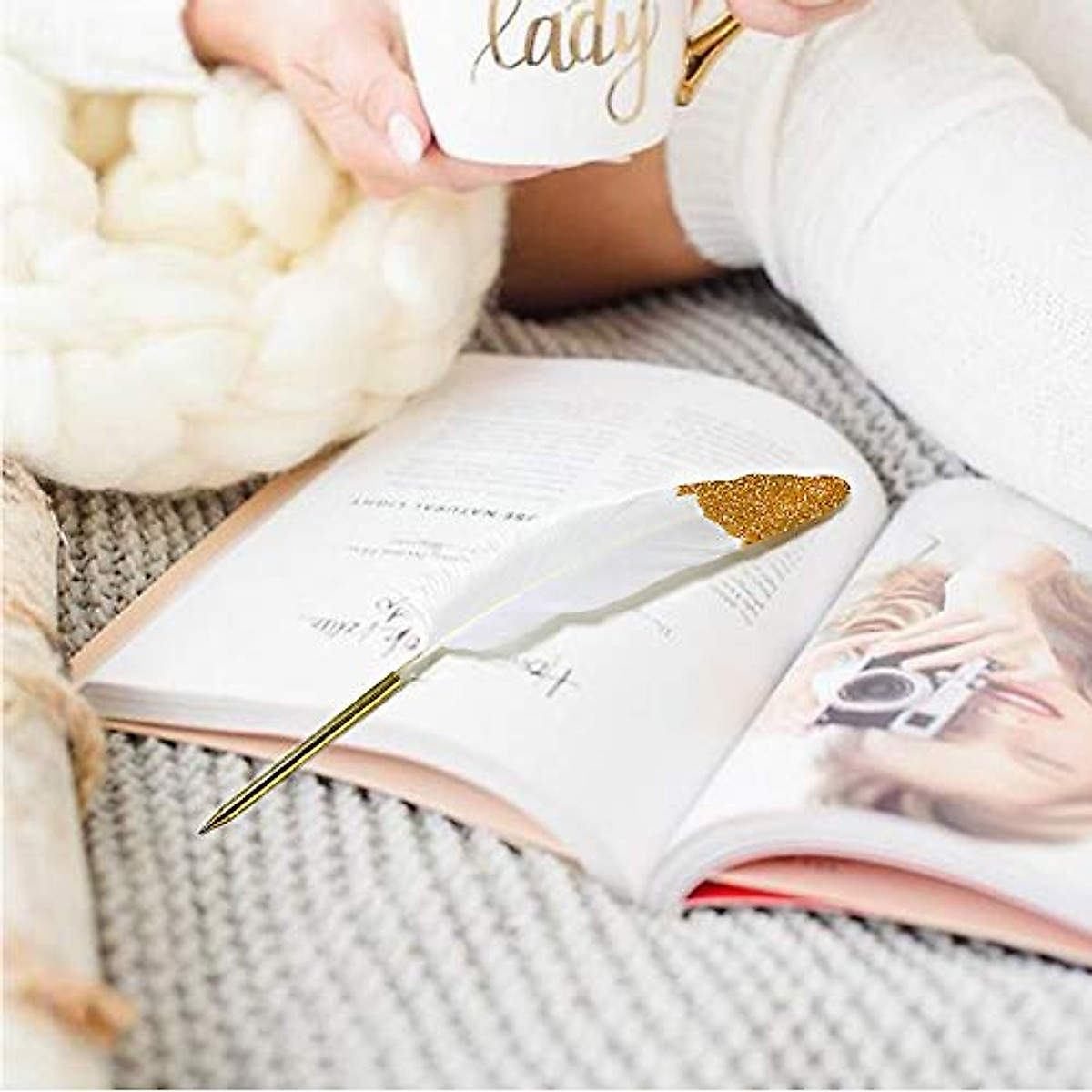 Cheerland Feather Signature Pens Ballpoint Pen for Party Reception Wedding Party Guest Book Ceremony Bridal Baby Shower Anniversary Graduation Event Party Favors (Gold/White)