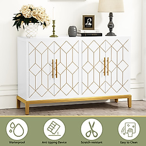 HLR Accent Cabinet with 4 Doors and Shelves, Sideboard Buffet Cabinet with Gold Lines, Modern Credenza Storage Decorative Cabinet for Living Room, Entryway, Kitchen, Dining Room, White
