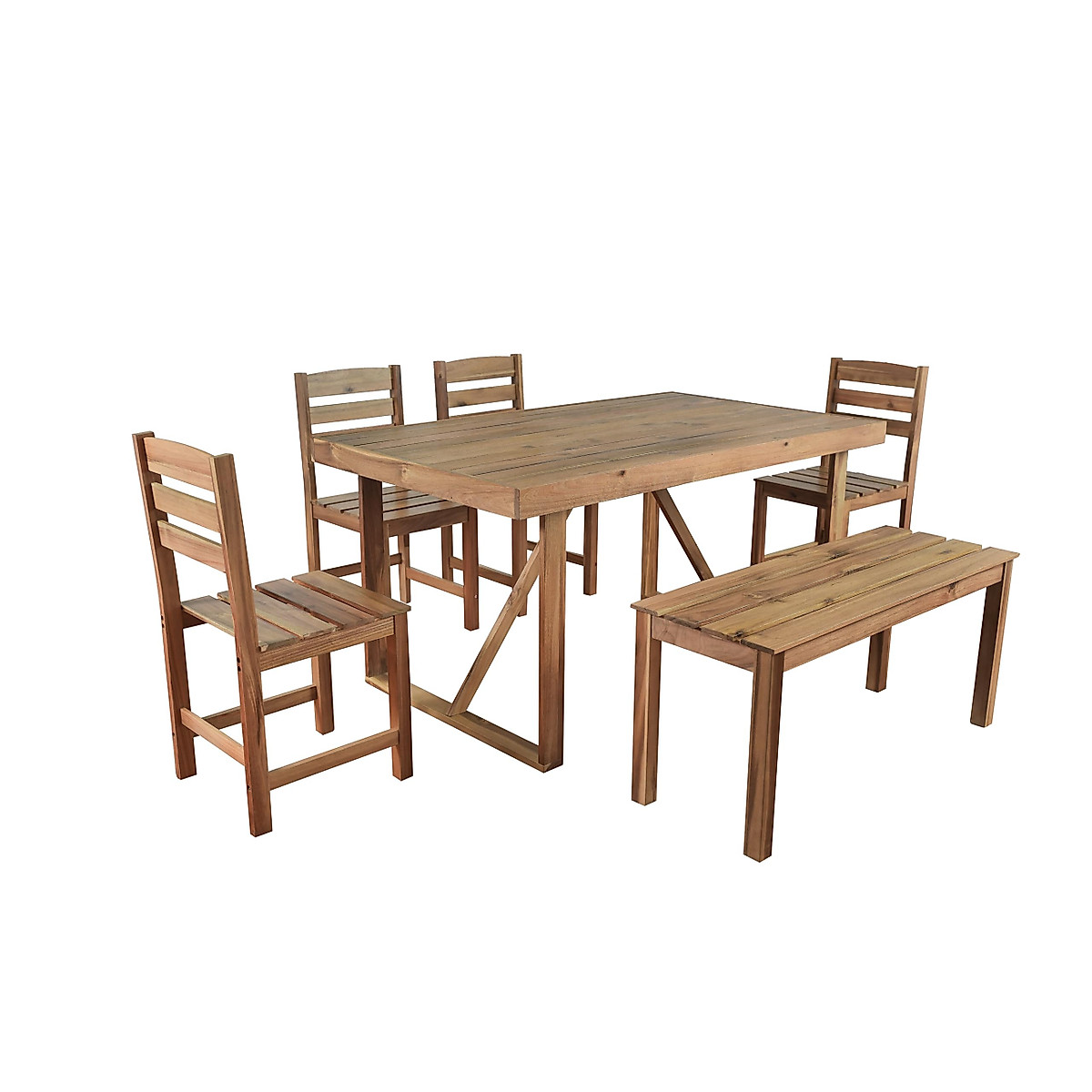 6 Person Outdoor Acacia Wood Dining Table Set, All Weather 6 Pieces Conversation Set, 60'' Rectangle Dining Table with 4 Chairs and Bench for Patio Backyard Garden Poolside Balcony (Natural-26)
