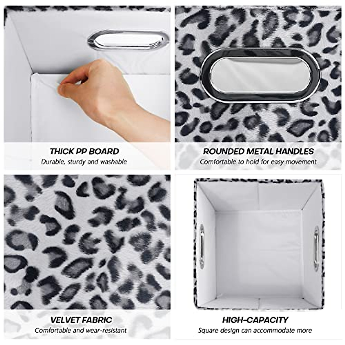 ANMINY 4PCS Storage Cube Set Leopard Print Velvet Fabric Storage Bins Boxes Baskets with Handles PP Plastic Board Foldable Closet Shelf Organizer Container for Home Office - Black White, 11"x 11"x 11"