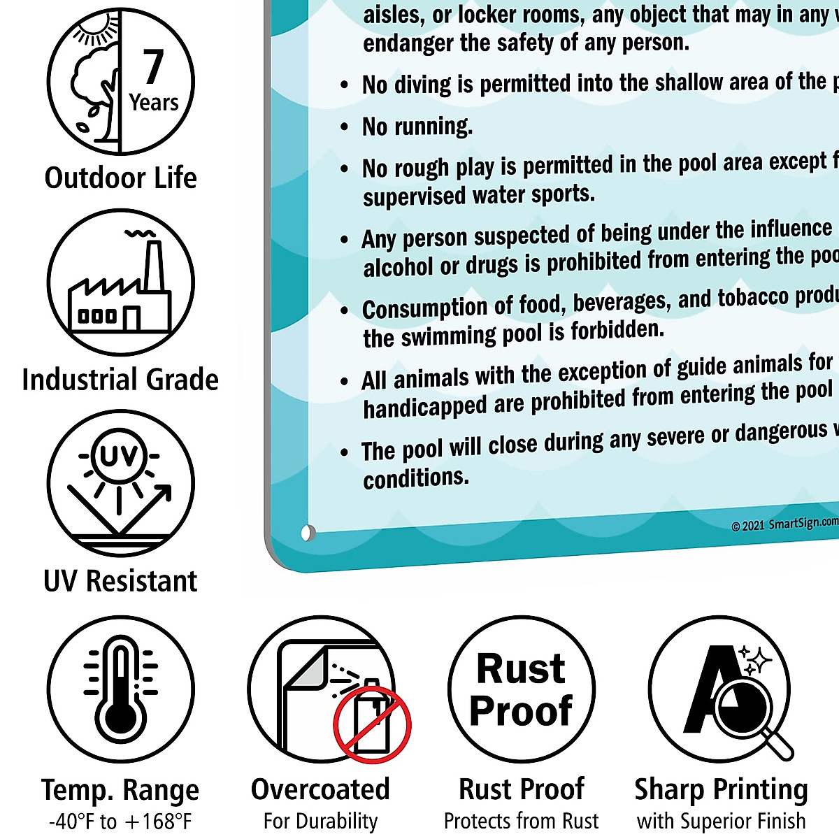 SmartSign 14 x 10 inch “Pool Rules - Shower Before Entering, Glass Prohibited, No Spitting…” Metal Sign, Screen Printed, 40 mil Laminated Rustproof Aluminum, Blue, Black and White, Made in USA