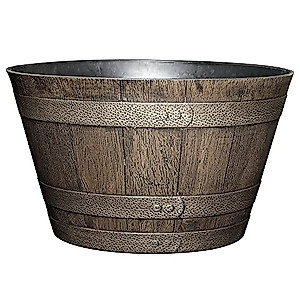 Classic Home and Garden Outdoor Whiskey Resin Flower Pot Barrel Planter, Oak Brown, 20.5" (Pack of 2)