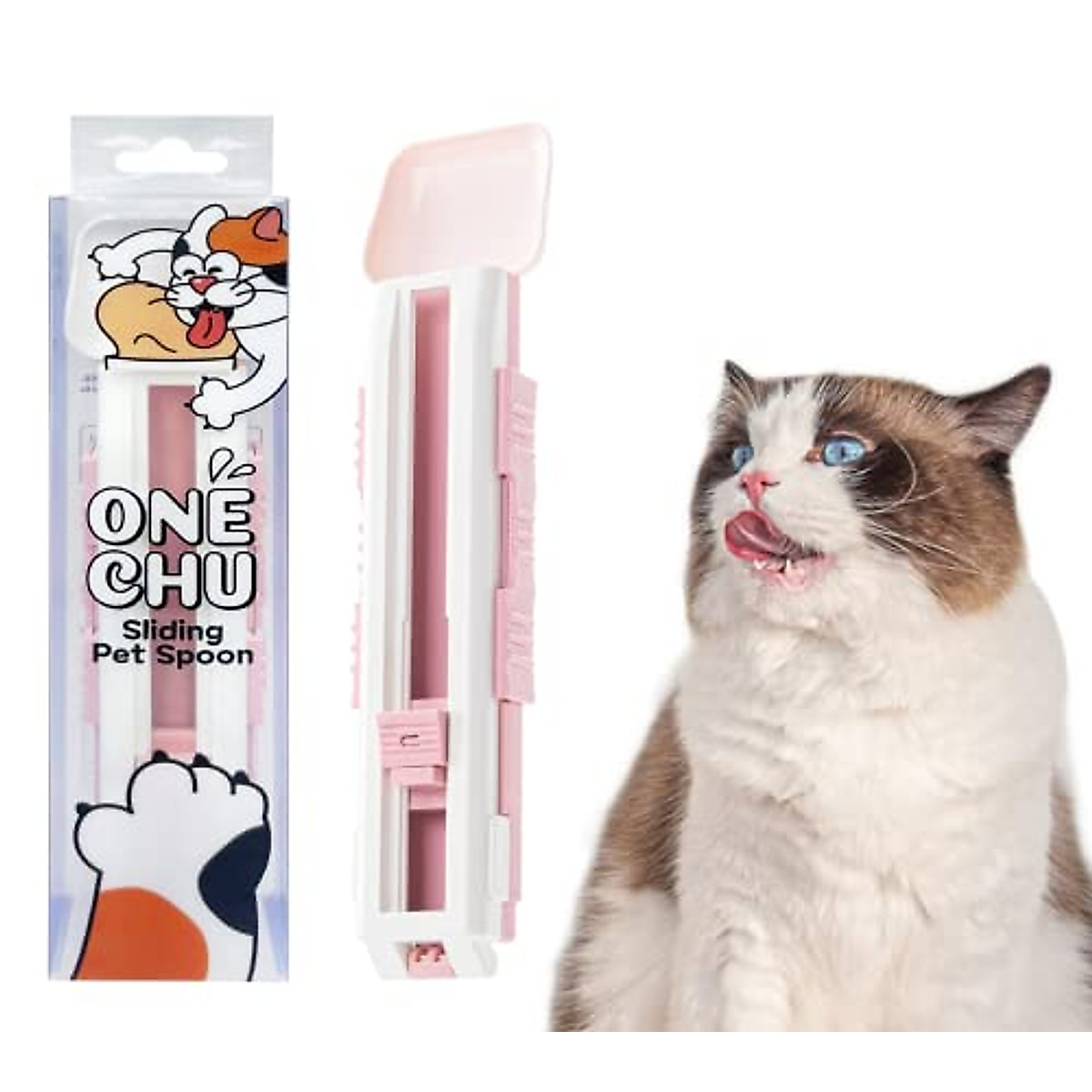 ADDY & PLUSY PHERMES ONECHU Sliding Cat Strip Squeeze Spoon Paste Cat Snack, Liquid Snack/Cat Strip Spoon Pet Snack Spoon (Pink)