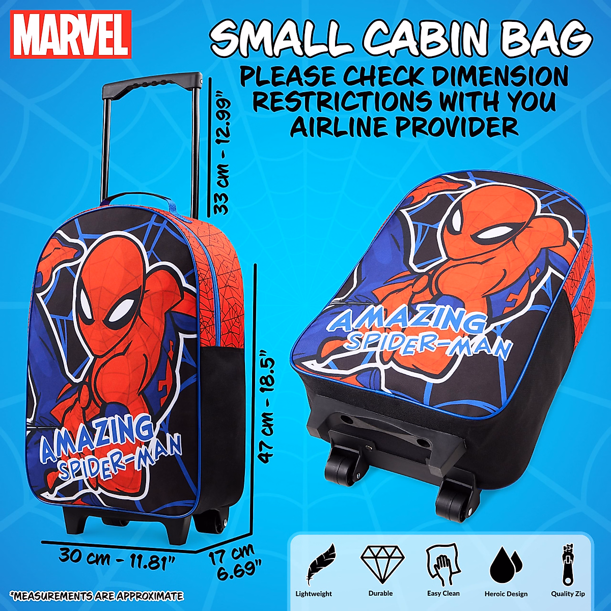 Marvel Kids Suitcase for Boys Foldable Trolley Hand Luggage Bag Carry On Avengers Travel Bag with Wheels Cabin Bag Wheeled Bag with Handle Spiderman Trolley Suitcase Boys (Multicolor Spiderman)