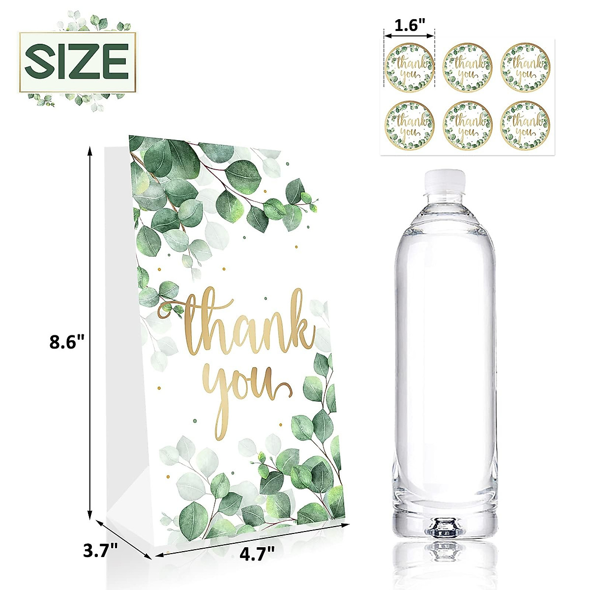 Levfla 24Pack Eucalyptus Greenery Spring Thank You Candy Bags with Stickers Sage Green Goodie Bags Neutral Baby Shower Bridal Shower Gift Paper Sack B-day Party Favor Ideas Decoration
