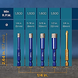 Dry Diamond Drill Bits - 5 Pcs Set 1/4", 5/16", 3/8",1/2" - Tile Drill Bits & 1/4 Carbide Drill Bit - Diamond Tip Drill Bit for Glass, Ceramic, Tile, Marble, Porcelain - Glass Drill Bit with Hex Shank