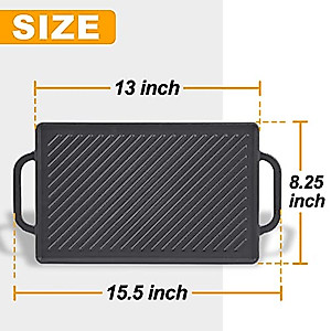 GGC Cast Iron Reversible Grill Griddle，Double Sided Grill Pan Perfect for Gas Grills and Stove Tops, 13 x 8.25 Rectangular Baking Flat and Ribbed Griddle Plate