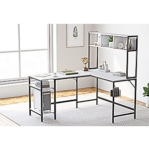 BANTI L-Shaped Desk with Hutch, 60" Corner Computer Desk, Home Office Gaming Table with Storage Shelves, Space-Saving, White