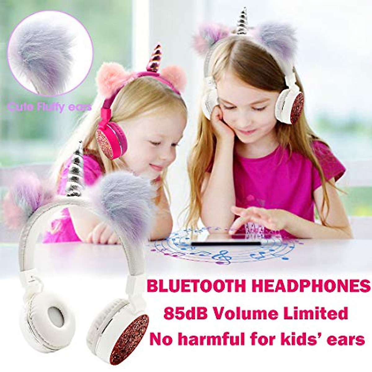 JINSERTA Bluetooth 5.0 Headphones with Fluffy Cat Ears for Kids, Kids Headband Earphone Foldable Headset Rechargeable Support TF Card, FM, Aux in (Black)