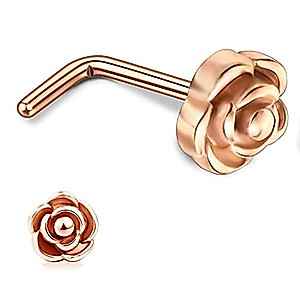 Tvoip 6Pcs 20G Titanium Nose Stud L Bone Shape Elegant Rose Flower Charm Nose Ring Earring Silver Hoop Stud Body Piercing Jewelry