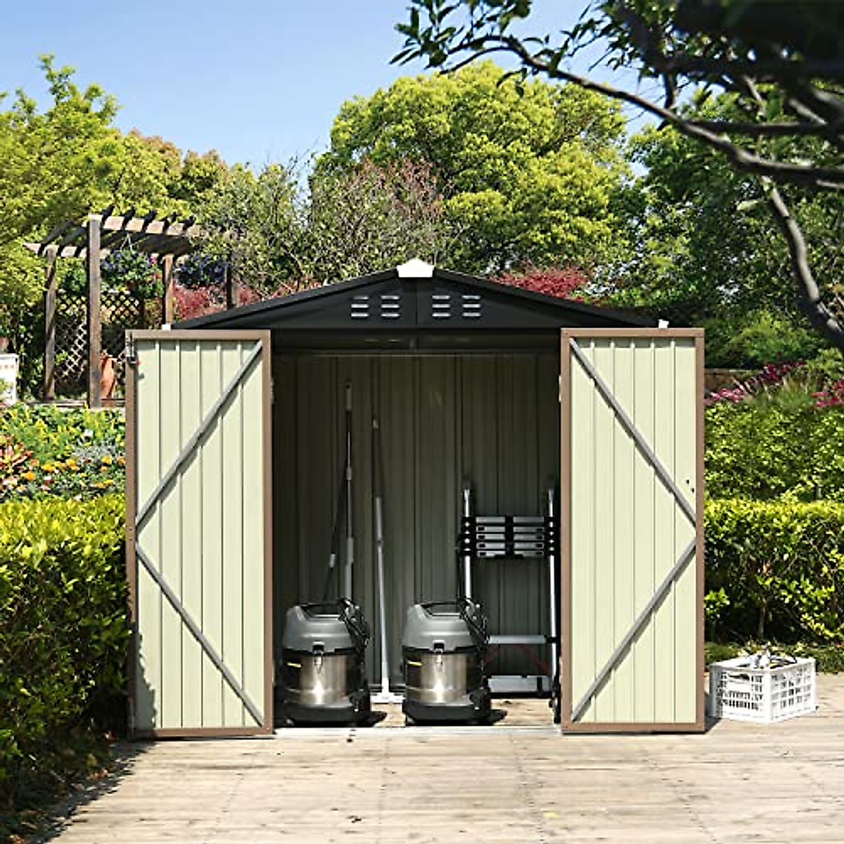 Catrimown Backyard 6x4 Storage Sheds, Galvanized Steel Outdoor Storage Shed with Air Vent and Lockable Door, Gable Roof Patio Storage Shed & Outdoor Backyard Storage Brown