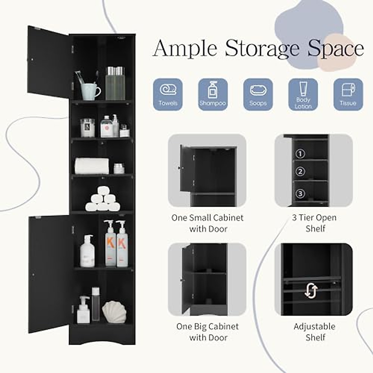 Merax Corner Cabinet Freestanding Floor Bathroom Storage Space Saver with Doors and Adjustable Shelves for Home, Kitchen, Tall Slim