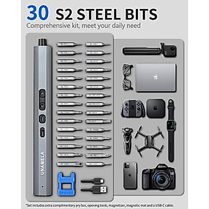 Mini Electric Screwdriver Set Upgraded: UnaMela Small Electric Precision Screwdriver Cordless - 30 S2 Bits, 3 Torque Settings, 4 LED Lights, Power Screwdriver Repair Tool Kit for PC RC Electronics