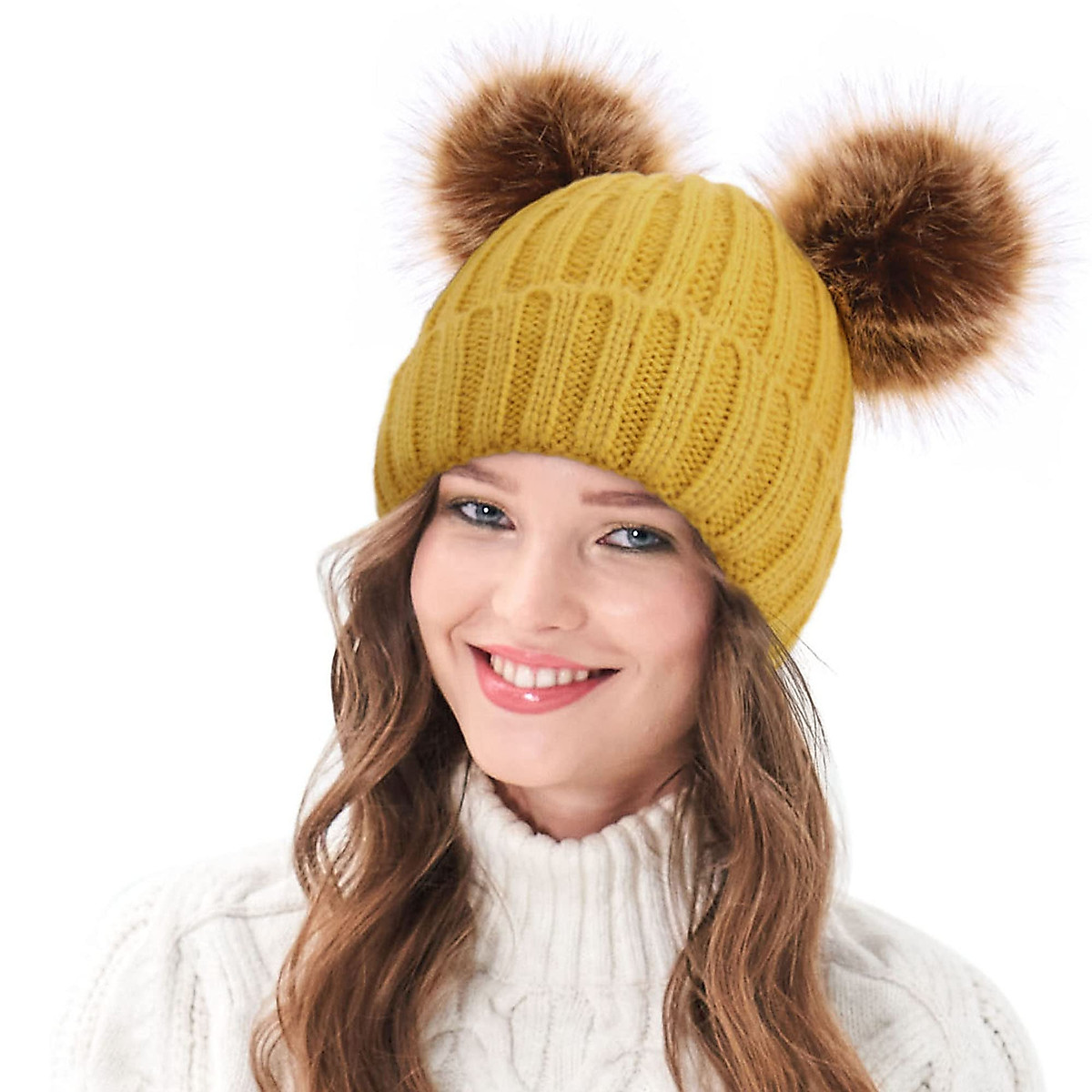 Arctic Paw Beanie for Women Cable Knit Beanie with Faux Fur Pompom Ears Yellow