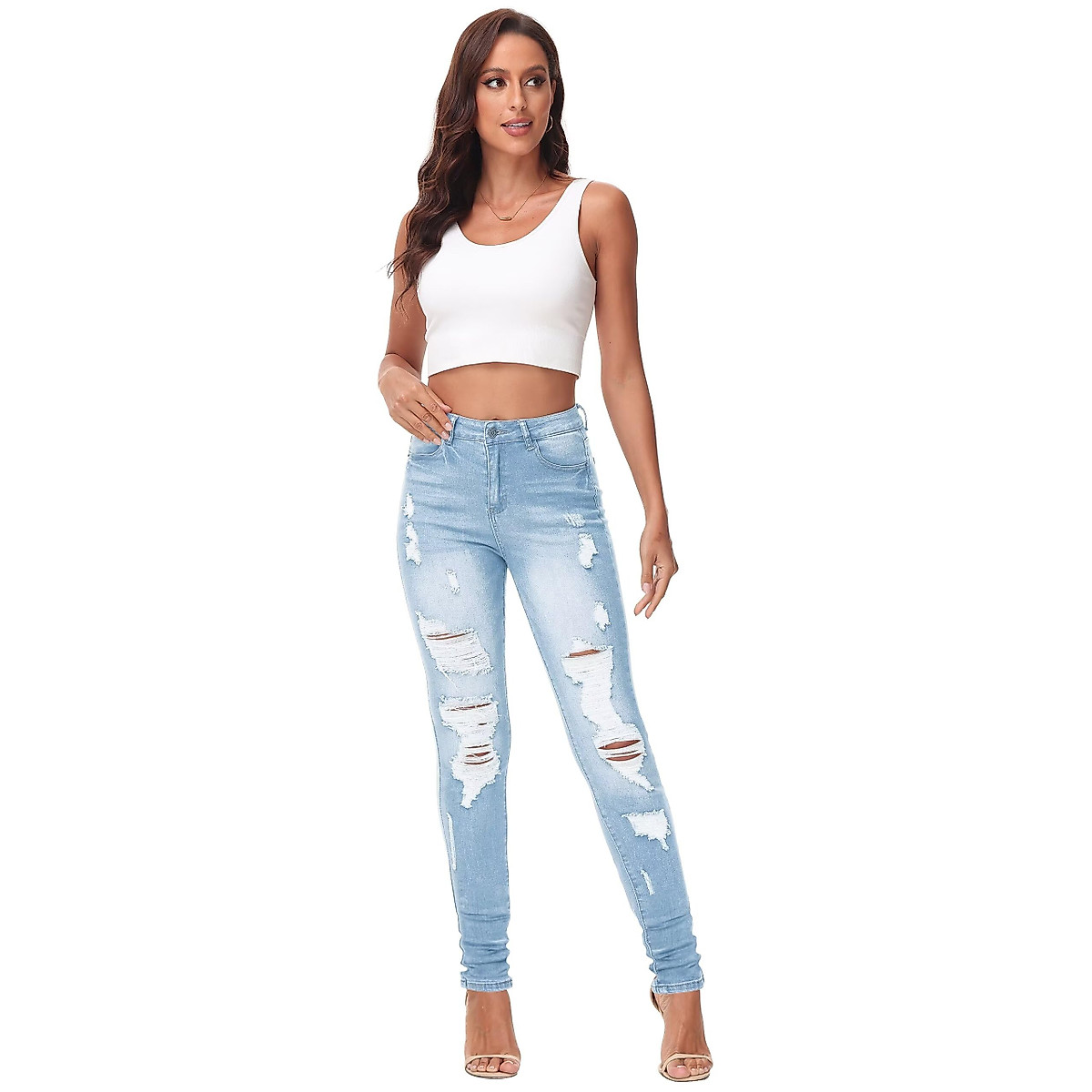 KDF Women's High Waisted Jeans for Women Distressed Ripped Jeans Slim Fit Butt Lifting Skinny Stretch Jeans Denim Pants