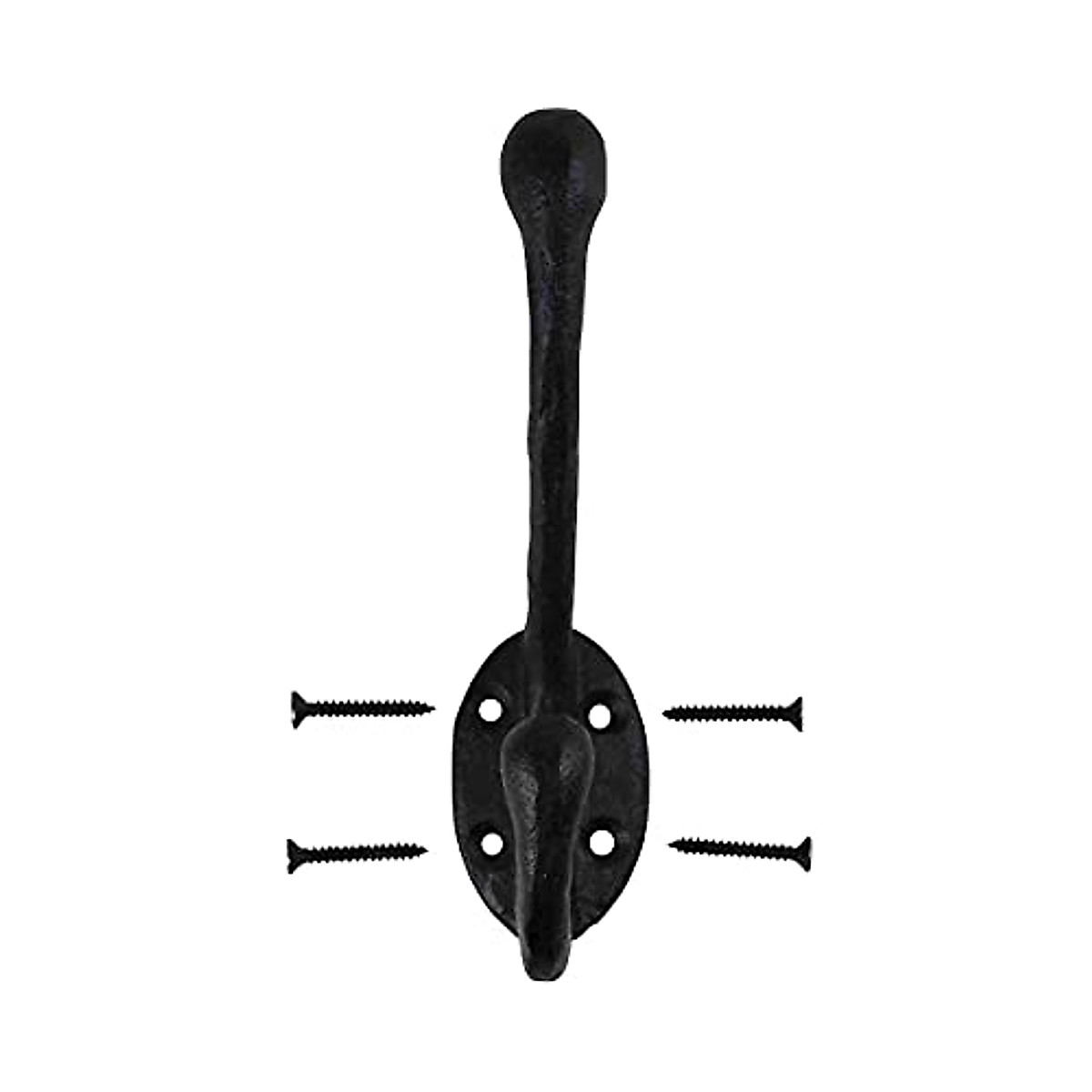 Renovators Supply Manufacturing Black Wrought Iron Robe and Coat Double Hooks 5 in. Long Rustic Entry Way Hat or Jacket Hanger Wall Mount Rust Resistant Bathroom Towel Hooks with Hardware Pack of 6