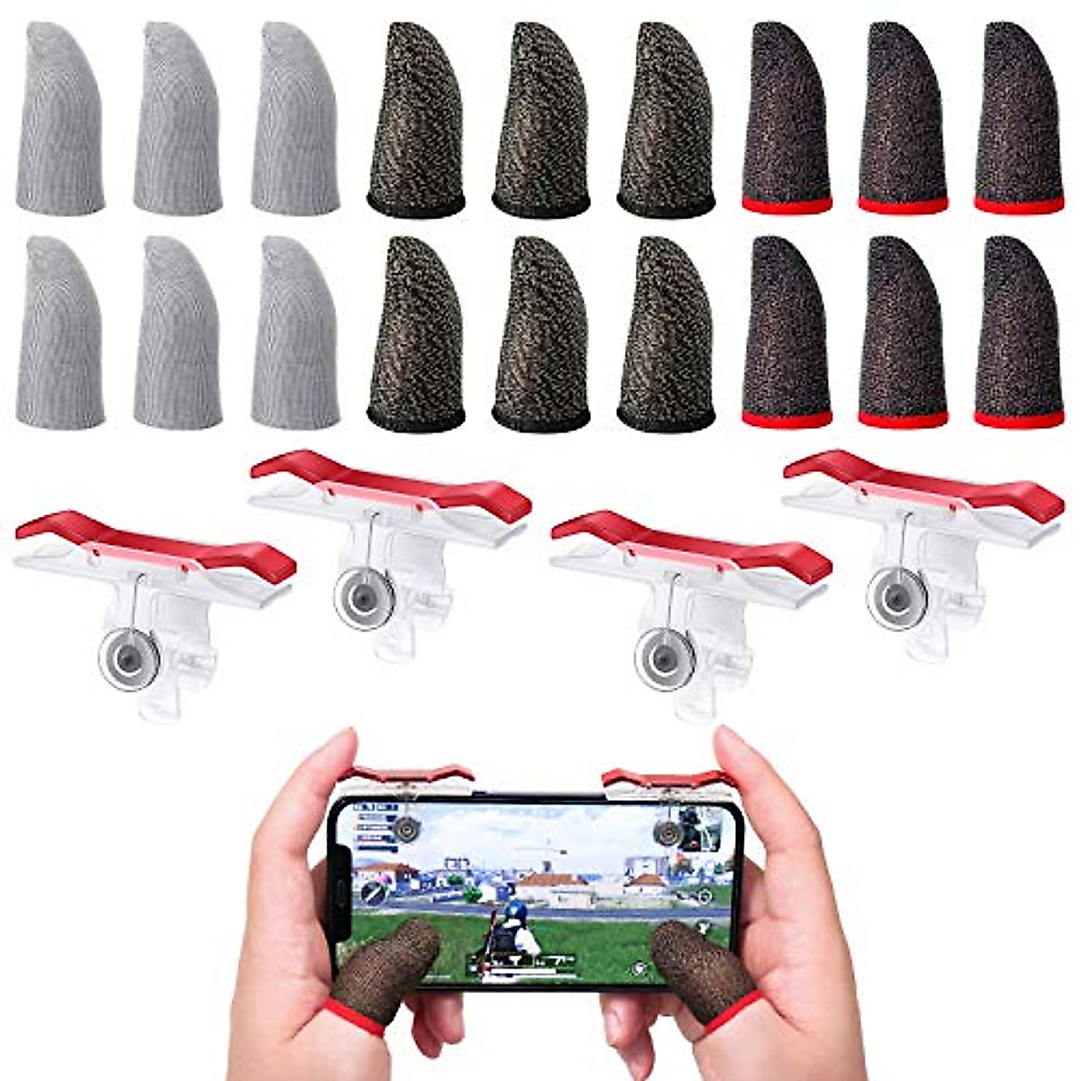 18 Pieces Mobile Gaming Finger Sleeves Touchscreen Finger Sleeve Anti-Sweat Breathable Finger Sleeve and 4 Pieces Aim Buttons for Playing Mobile Phone Games