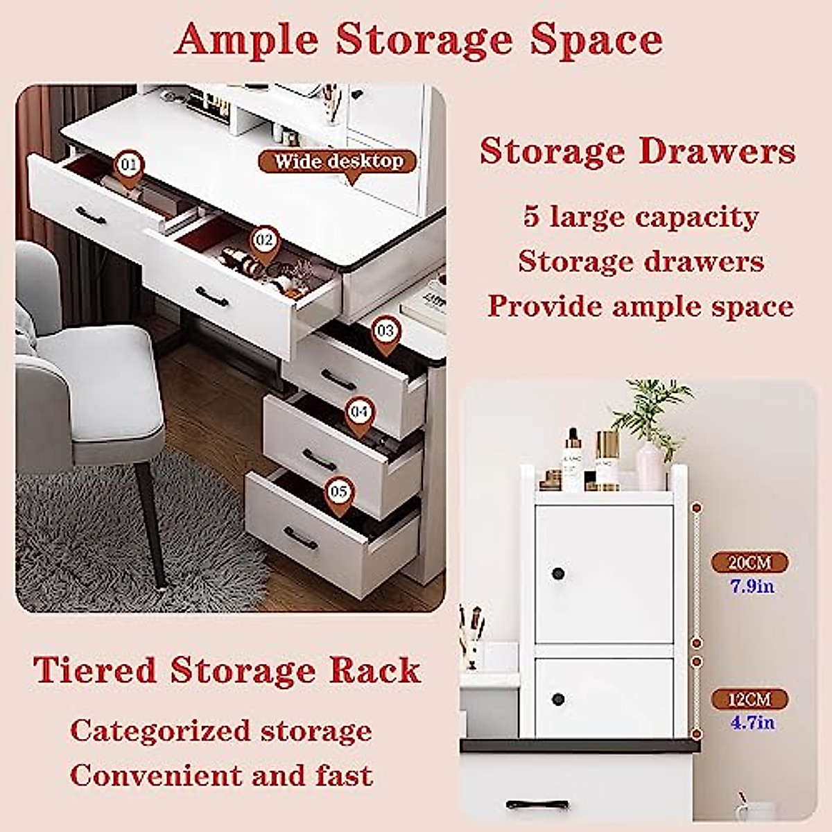 Makeup Desk With Drawers and Mirror Light Make Up Vanity Station Brightness Adjustable Vanity Table Set With Lots Storage Hidden And Open Storage Shelves White Vanity Desk Vanity for Women Girls