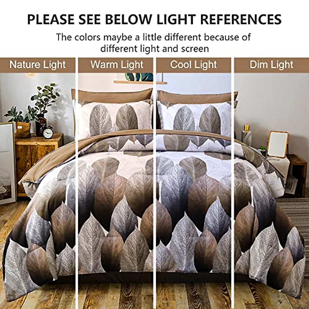 Drucon Botanical Comforter Set Queen, 7 Pieces Bed in A Bag Comforter Brown Leaves Comforter Queen Size Soft Microfiber Bedding Set for All Season