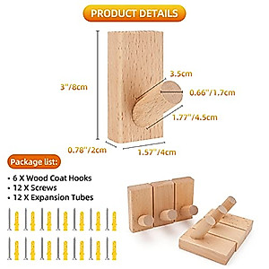 Laelr 6 Pack Wood Wall Hooks Wood Coat Hooks Wall Mounted Rustic Wooden Wall Hooks with 12 Screws Heavy Duty Wall Hanger Robe Hook for Hanging Coats Backpacks Hats Scarf Clothes Towels Bags 11-22lbs