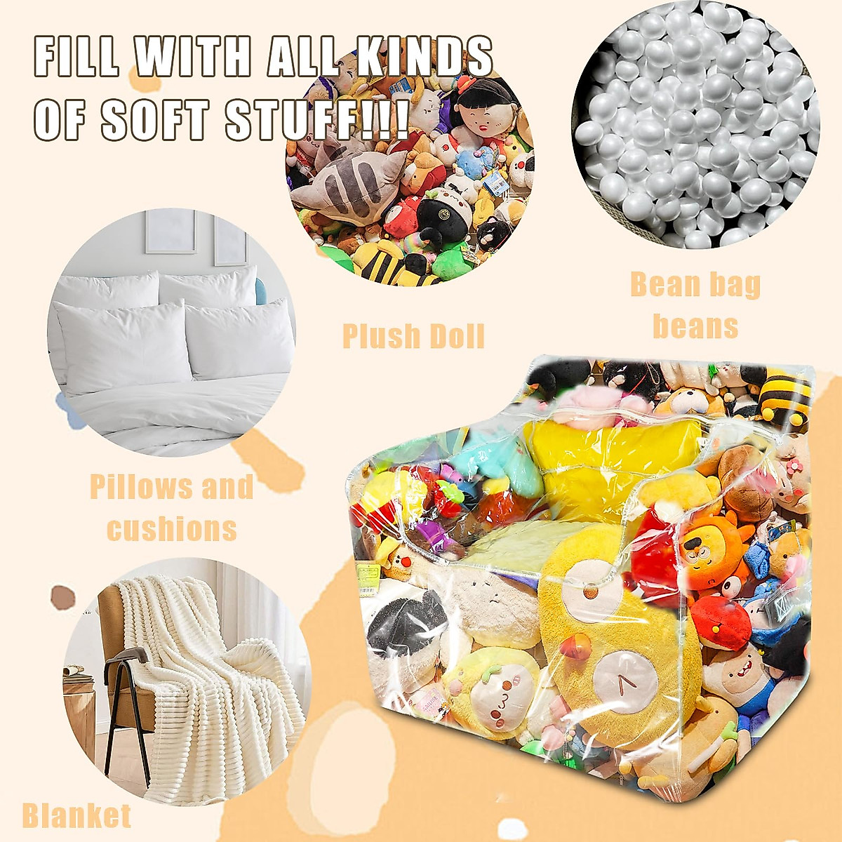 REANRO Stuffed Animal Bean Bag Storage, Clear PVC Stuffable Animal Storage Chair Cover, Bean Bag Chair with Armrest and Handle, Waterproof Toys Storage Organizer for Kids Toddler Boys Girls