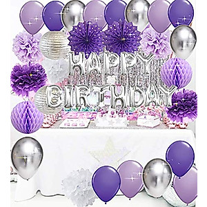 Purple Silver Birthday Decorations for Women Purple Silver Happy Birthday Balloons Latex Balloons Polka Dot Paper Fans/ Women's 30th/40th/50th/60th Birthday/Purple Birthday Decorations