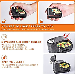 Motorcycle Alarm Disc Brake Lock, Motorcycle Locks Anti-Theft Security Wheel Disc Lock Waterproof 110dB Alarm Sound with 5ft Reminder Cable Keys and Carry Pouch for Motorbike Bike Scooter