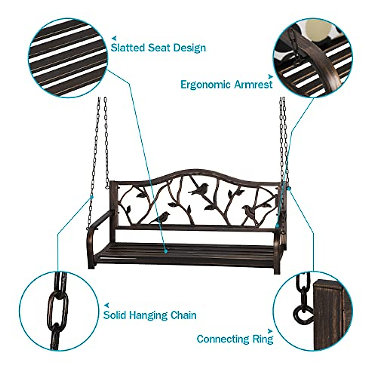 MFSTUDIO 50 Inches Patio Front Porch Swing,Outdoor Iron Metal Swing Chair with Chains,Pastoral Bird Backrest,Steel Hanging Bench Chair for Garden,Yard,Deck-Bronze