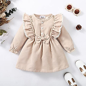 BOBORA Toddler Girl Fall Dress Kid Solid Corduroy Ruffle Long Sleeve Princess Dress Winter Outfit Little Girl Casual Clothes(Beige, 12-18M)
