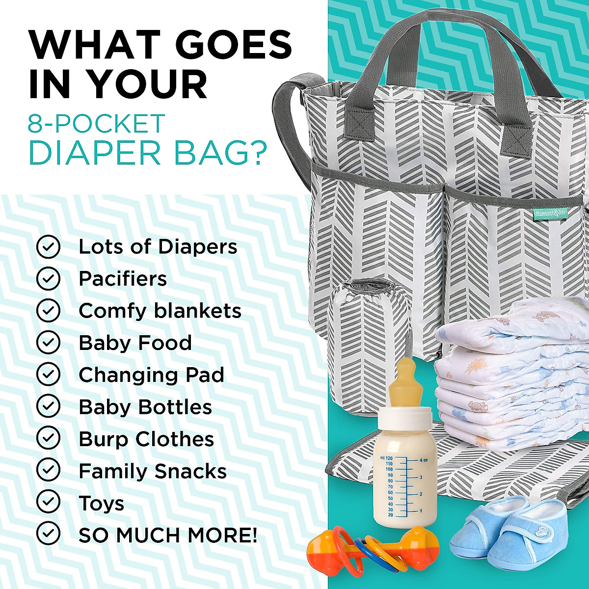 Diaper Bag/Breast Pump Tote Bag- Stylish Arrows, Functional Baby Stroller Organizer - Adjustable Stroller Strap - Eight Total Pockets - Easy to Clean - BONUS: Baby Changing Pad…