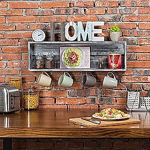 MyGift Wall Mounted Distressed Grey Solid Wood Wall Mug Holder Rack and Display Shelf with 4 Hooks, Coffee Cup Hanging Rack Bar Accessories and Storage