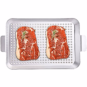 Nicunom 2 Pack BBQ Grilling Pan, Stainless Steel Grill Topper with Handles Non-Stick Barbecue Grill Work Grill Cookware for Meat, Vegetables & Seafood