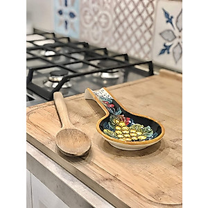 CERAMICHE D'ARTE PARRINI - Italian Ceramic Spoon Rest Holder Decorated Grape Background Black Pottery Art Hand Painted Made in ITALY Tuscan