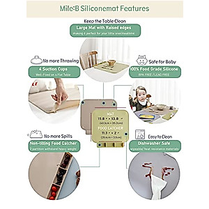 Mile:B Baby Toddler Placemat,Non Slip with 4 Suction Cups,Non Tilting Food Catcher with 2 Guards,16x14in,A Hanging Loop for Easy Drying(Gray)