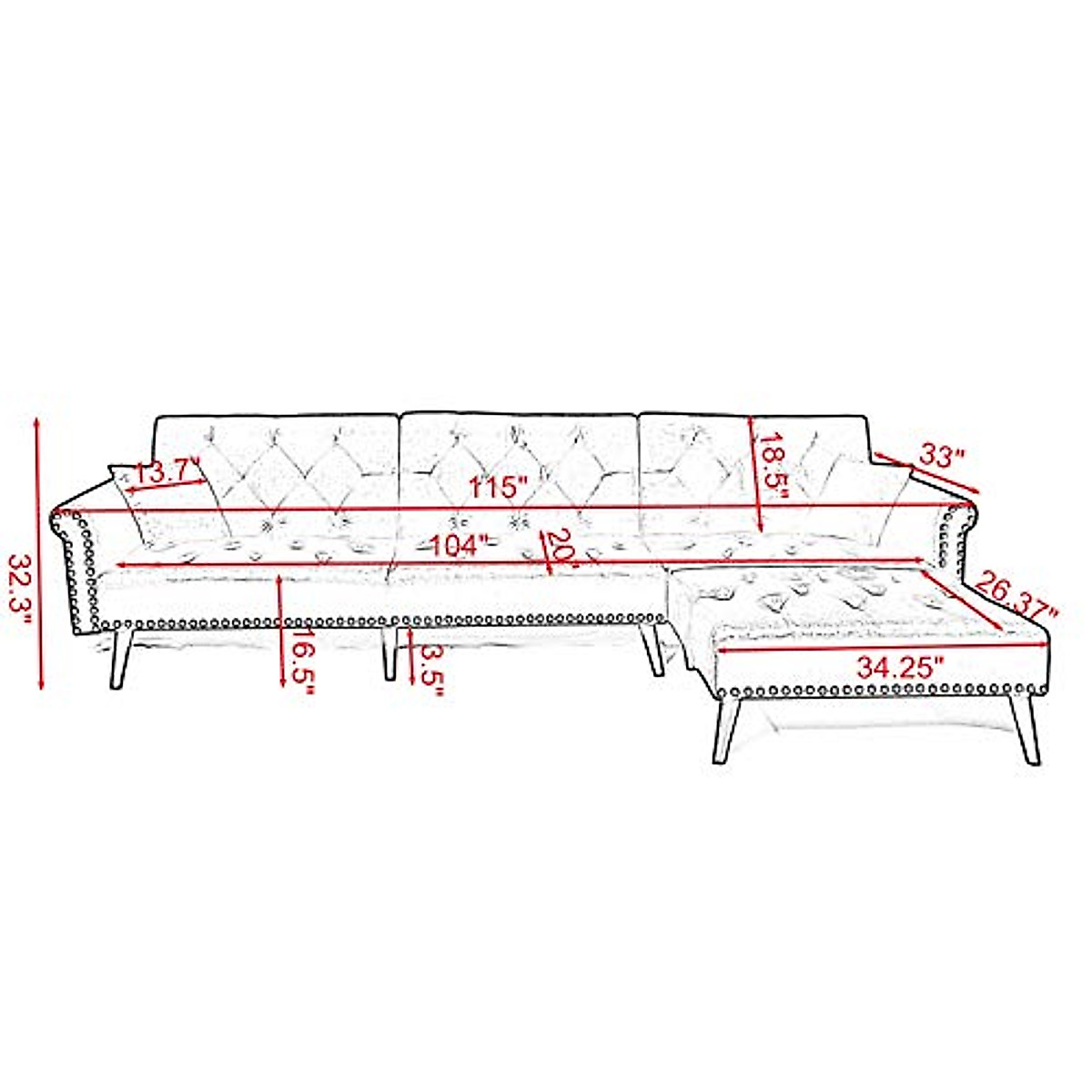 Zushule Convertible Sectional Couch with Chaise Lounge for Living Room, Comfy Velvet Fabric L-Shaped Reversible Reclining Sofa with 3 Seats and Pillows, for Small Apartment and Spaces - (Black)