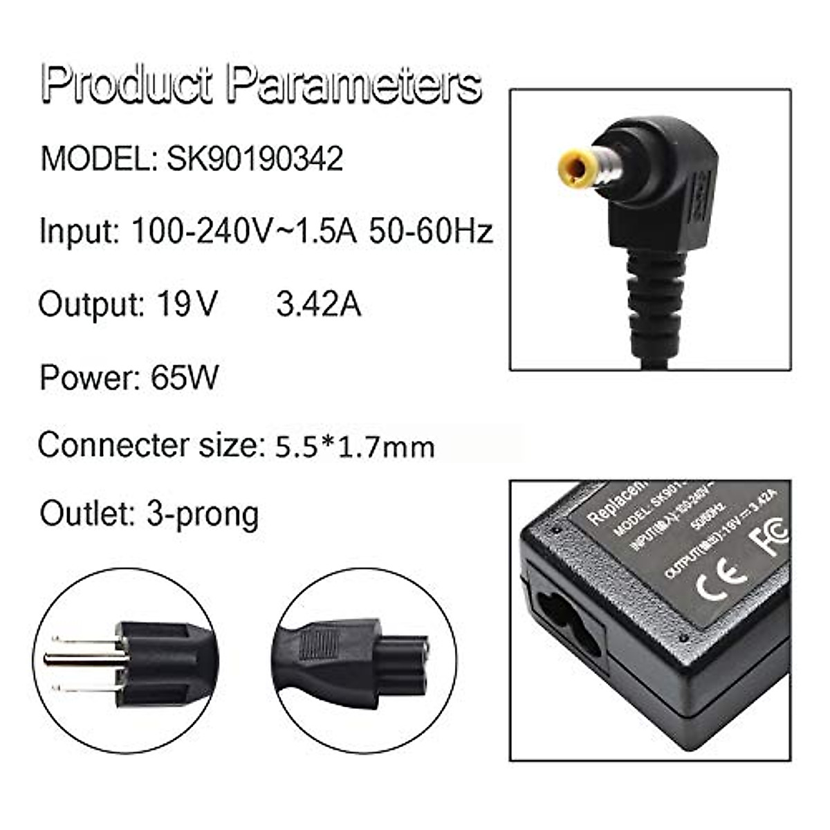 65W Laptop AC Adapter for Acer-Aspire E15 ES1 E1 E5; E1-571 E5-575G E1-510P E1-521 E3-111 E5-511P E5-521 E5-522 E5-551 E5-571 E5-573G ES1-111M ES1-411 ES1-511 ES1-521 ES1-531 E1-572-6870