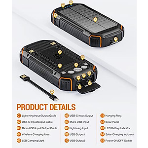 Solar Power Bank 36000mAh,Solar Charger Wireless Built in 3 Cables IPX5 Waterproof Portable Solar External Battery Pack with 3 Input 4 Output 15W USB C Port Camping Flashlight iPhone Samsung Tablet