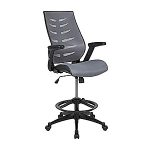 Flash Furniture High Back Dark Gray Mesh Spine-Back Ergonomic Drafting Chair with Adjustable Foot Ring and Adjustable Flip-Up Arms