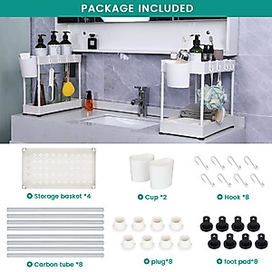 Qucover Under Sink Organizer 2 Pack White, Different Width 2 Tier Bathroom Cabinet Organizers and Storage, Waterproof Rust-proof ABS Plastic Kitchen Sink Organizer with Hanging Cups and Hooks