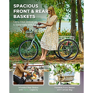 Viribus Adult Tricycle, 7 Speed Tricycle for Adults, 24 inch 3 Wheel Bikes for Adults with Baskets, Adult Trikes for Women Seniors Men, Three Wheel Tricycle for Dogs Beach, Cargo Tricycle, Mint