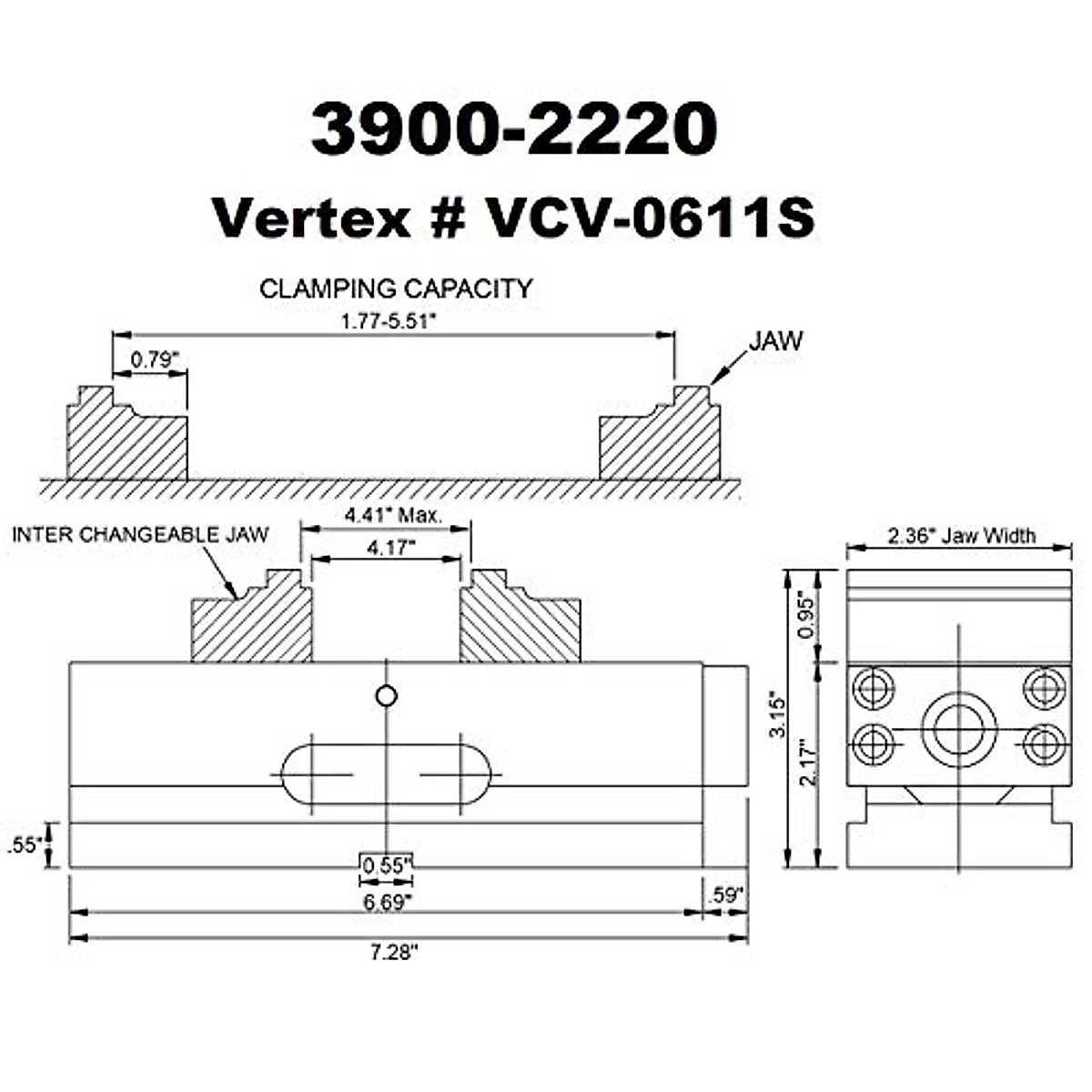 VERTEX 3900-2220 Self-Centering CNC Vise, 2"