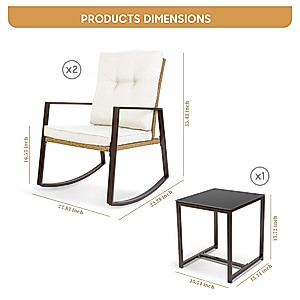 YIYAN 3 Pieces Patio Bistro Set Outdoor Rattan Wicker Rocking Chairs Set,Patio Outdoor Furniture Conversation Sets with Sofa Chairs,Glass Coffee Table and Washable Cushion (Light Beige)