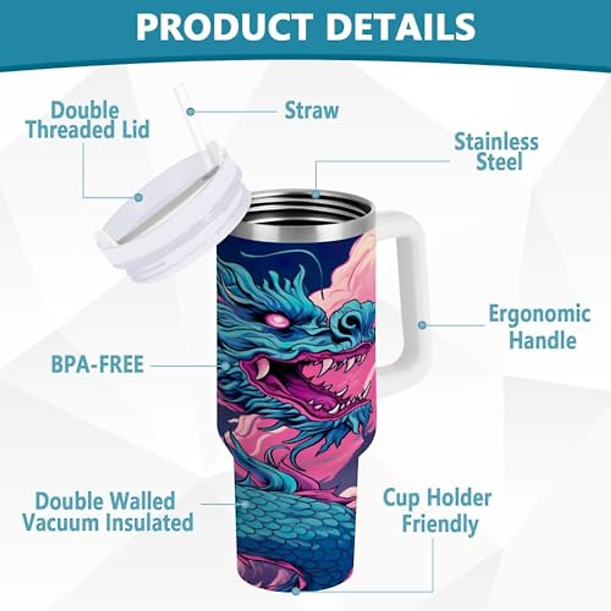 Jihqo Cloud Dragon 40 oz Stainless Steel Vacuum Insulated Tumbler with Handle and Straw Lid, Leakproof Water Bottle Double Wall Travel Mug Coffee Cup, Cupholder Friendly