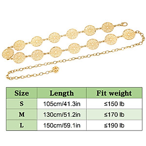Glamorstar Chain Belts for Women Hollow Metal Waist Chain Belts Dress Belt for Her Circle Gold 150CM