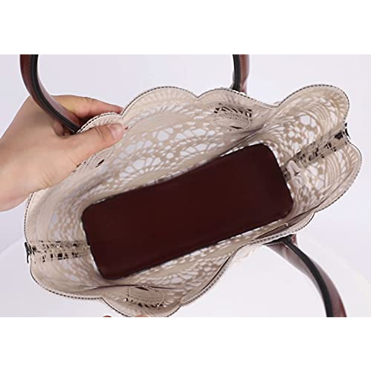 Women Lace Tote Vintage Solid Clear Bag Handbag with Off-White Cotton Lace Fabric